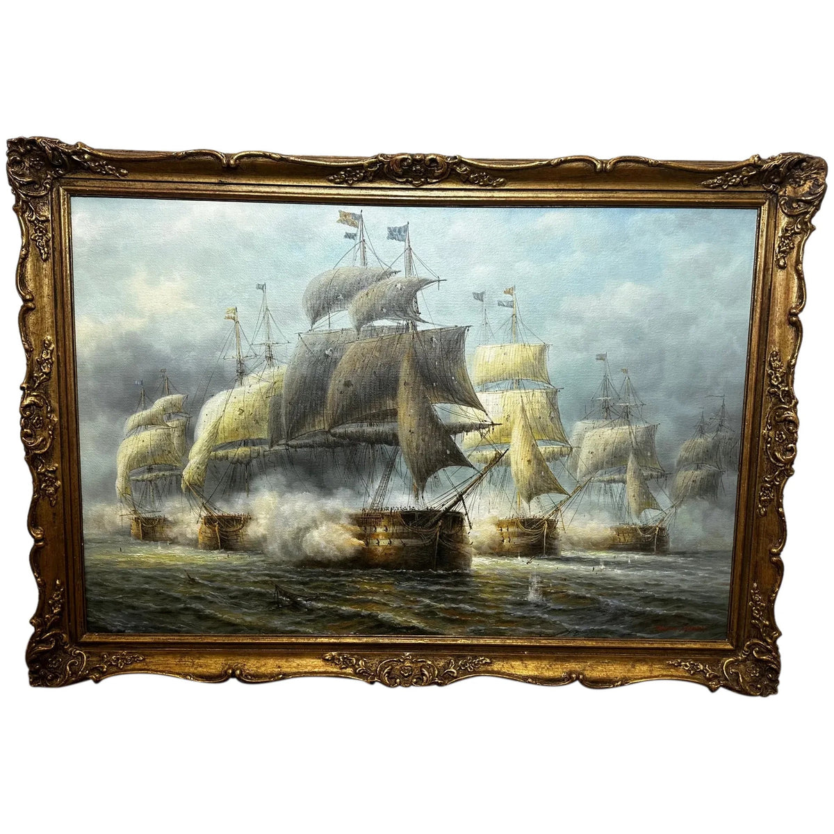 Oil Painting Naval Ships Anglo French Sea Battle of Cuddalore 1783 Jam