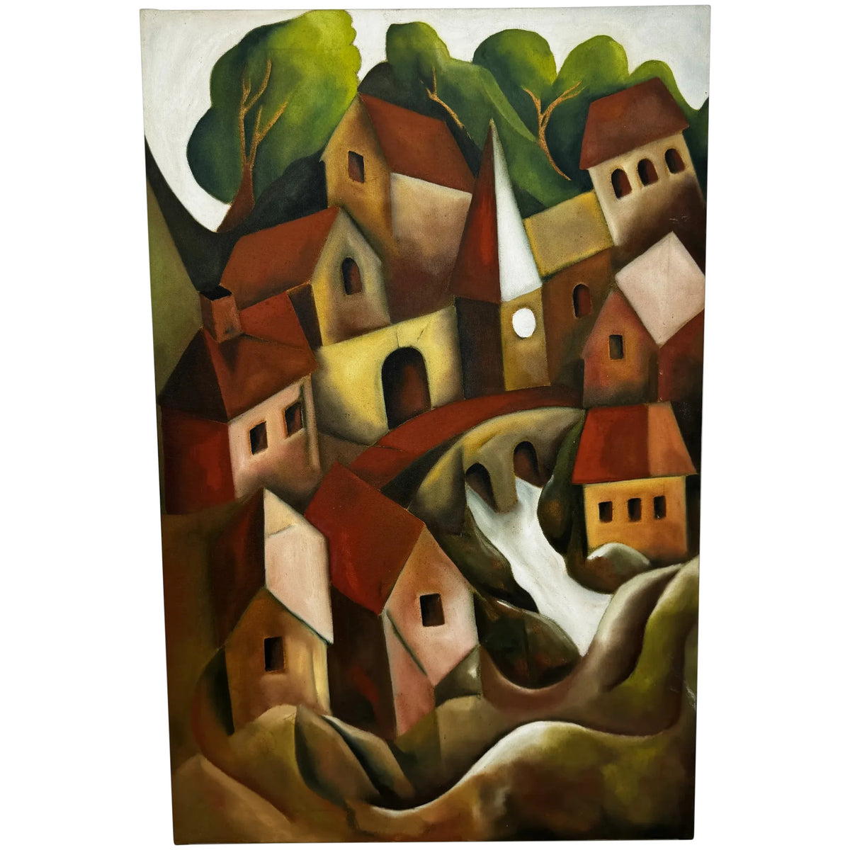 Large Oil Painting After Picasso Cubist-Influenced Hillside Village by