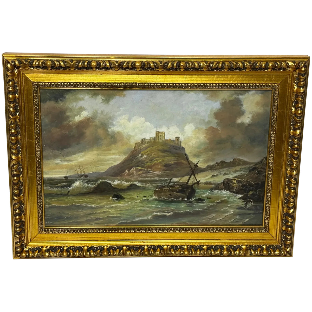Majestic Victorian Shipwreck Oil Painting Bamburgh Castle Armstrong Fa