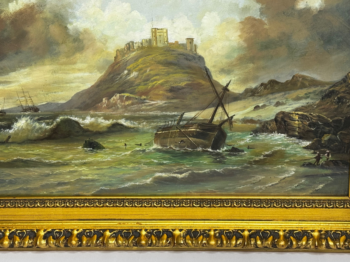 Majestic Victorian Shipwreck Oil Painting Bamburgh Castle Armstrong Fa