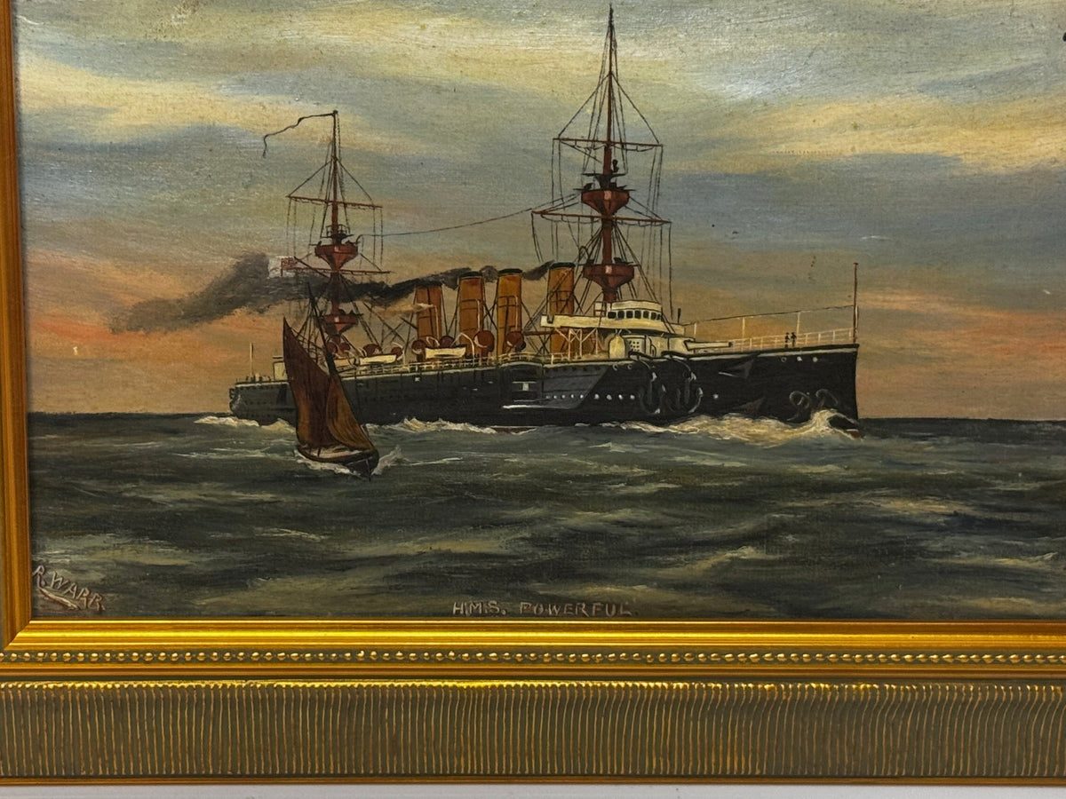 Marine Oil Painting HMS Powerful Royal Navy Cruiser Ship Follower ...